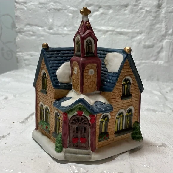Plaster Christmas Village Church Ceramic Lighted Christmas Village